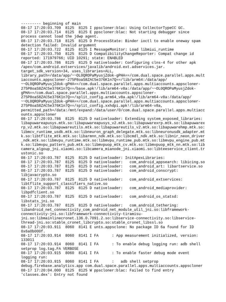 Com - Dual.space - Parallel.apps - Multiaccounts.appscloner Logcat | PDF | Android (Operating ...