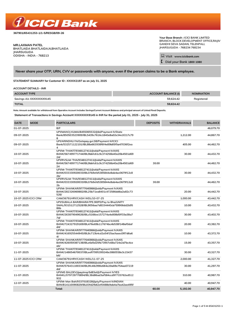 July 2025 Savings Account Statement | PDF | Debit Card | Banks