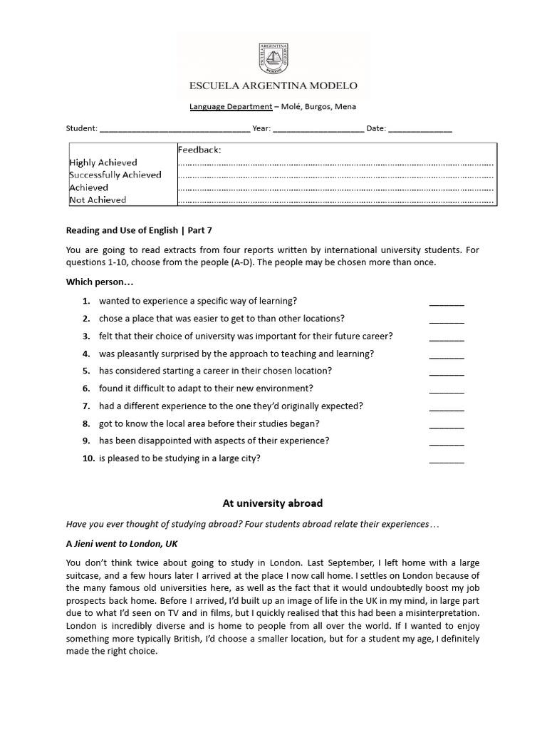 Reading and Use PART 7 (Complete Unit 5 FCE For Schools) - Test | PDF