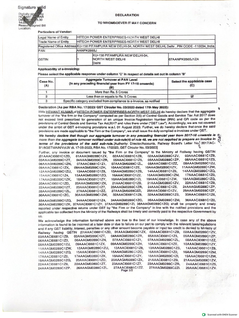 Turn Over Certificate Hitech Power | PDF