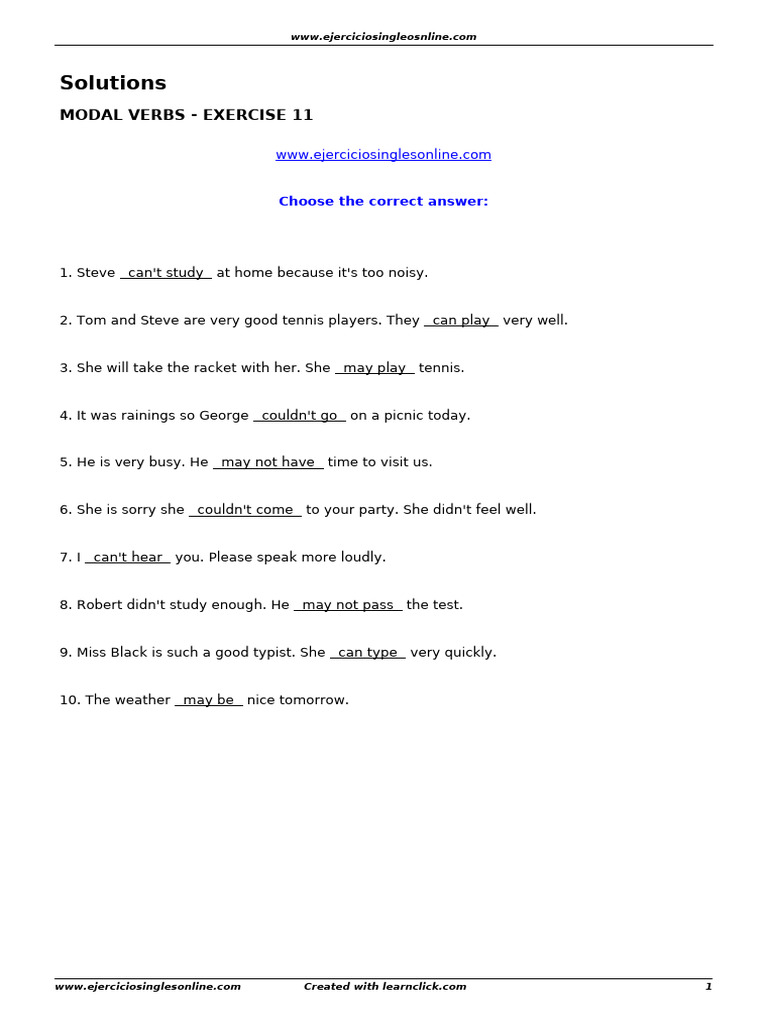 Modal Verbs Exercise Answers | PDF