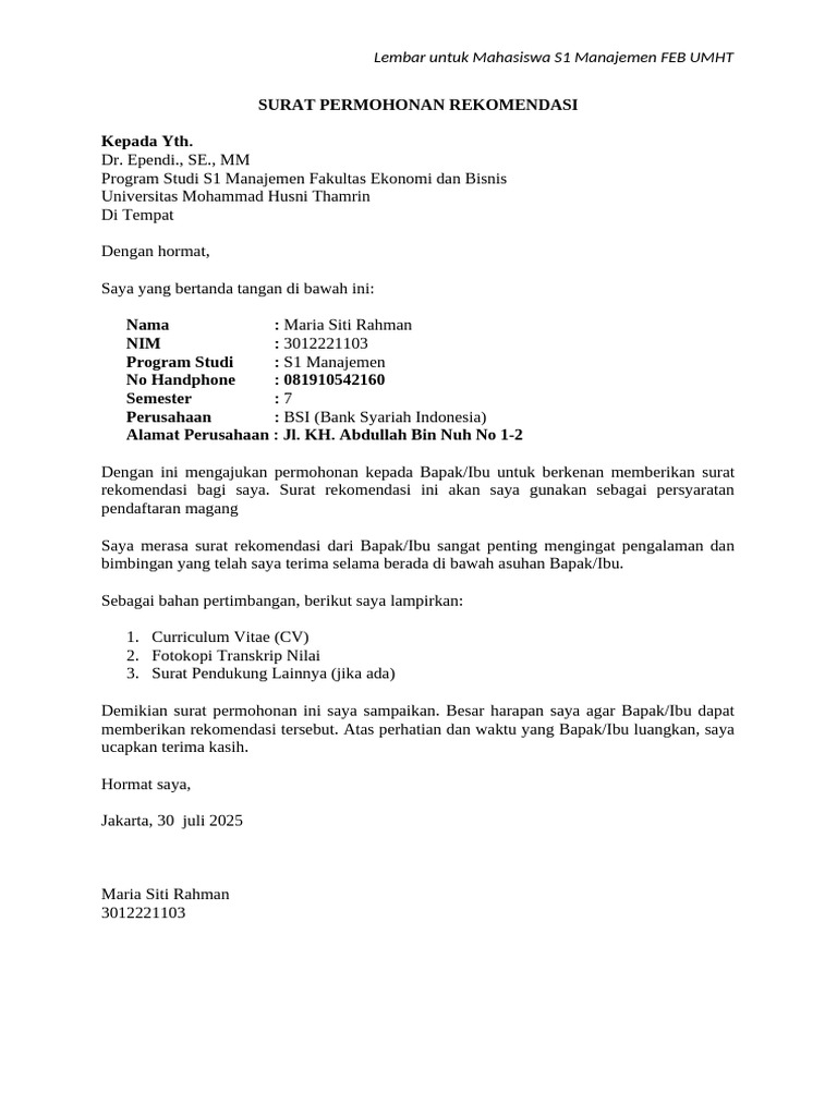 Formulir - Surat Permohonan Surat Rekomendasi Magang | PDF