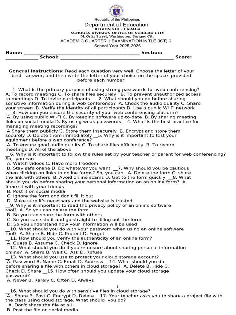 TLE (ICT) 6 Quarter 1 Exam Guide | PDF | Spreadsheet | Microsoft Word
