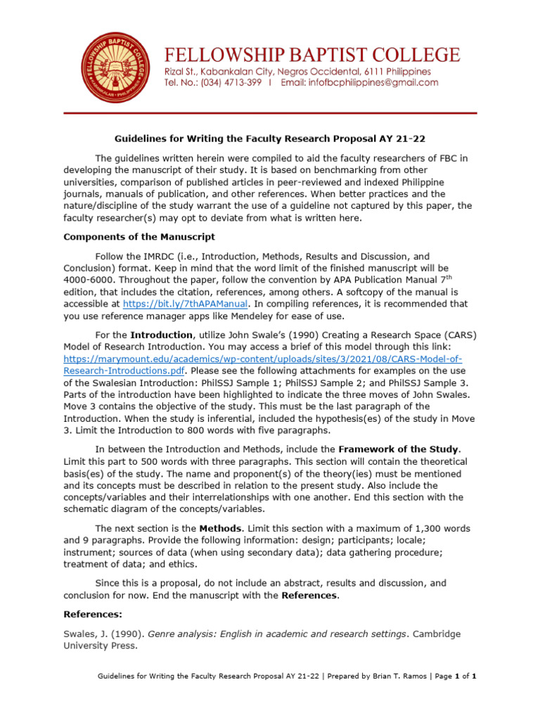 Guidelines For Writing The Faculty Research Proposal AY 21 | PDF ...