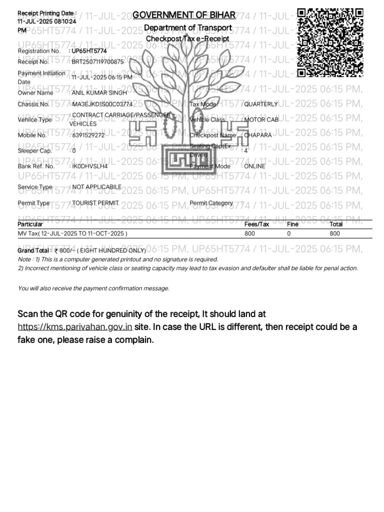 Bihar Checkpost Tax e-Receipt UP65HT5774 | PDF | Vehicles | Transport