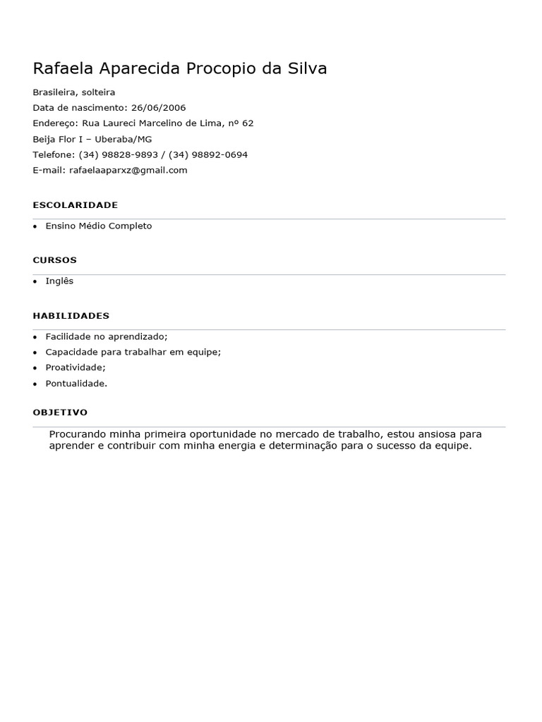 Currículo de Rafaela Procopio da Silva | PDF
