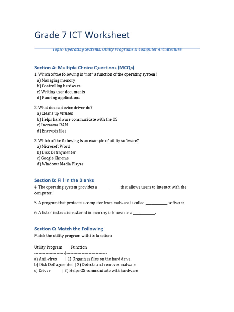 Grade 7 ICT Worksheet | PDF