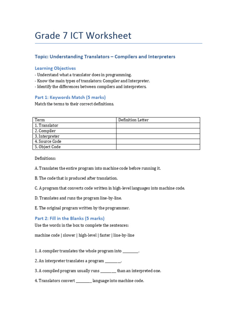 Grade 7 ICT: Compilers vs. Interpreters | PDF