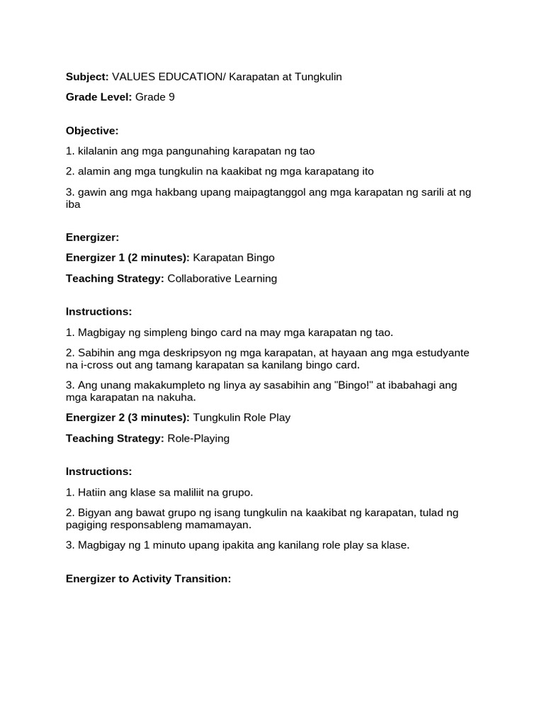 Lesson - Plan - VALUES EDUCATION - Karapatan at Tungkulin | PDF