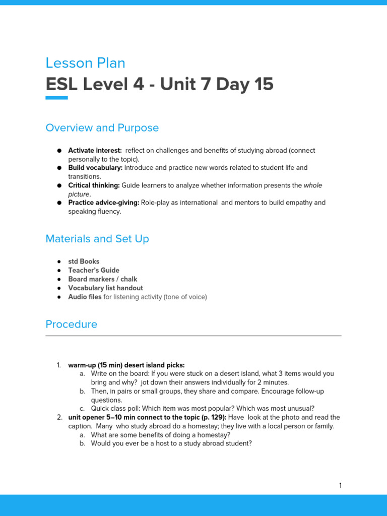 Esl Level 4 - Unit 7 Day 15 | PDF | Learning | Cognition
