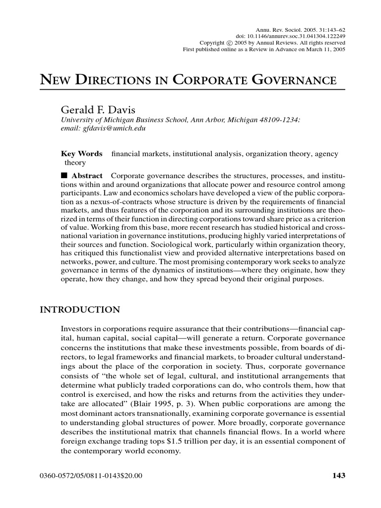 Davis 2005 Corporate Governance ARS | PDF | Efficient Market Hypothesis ...