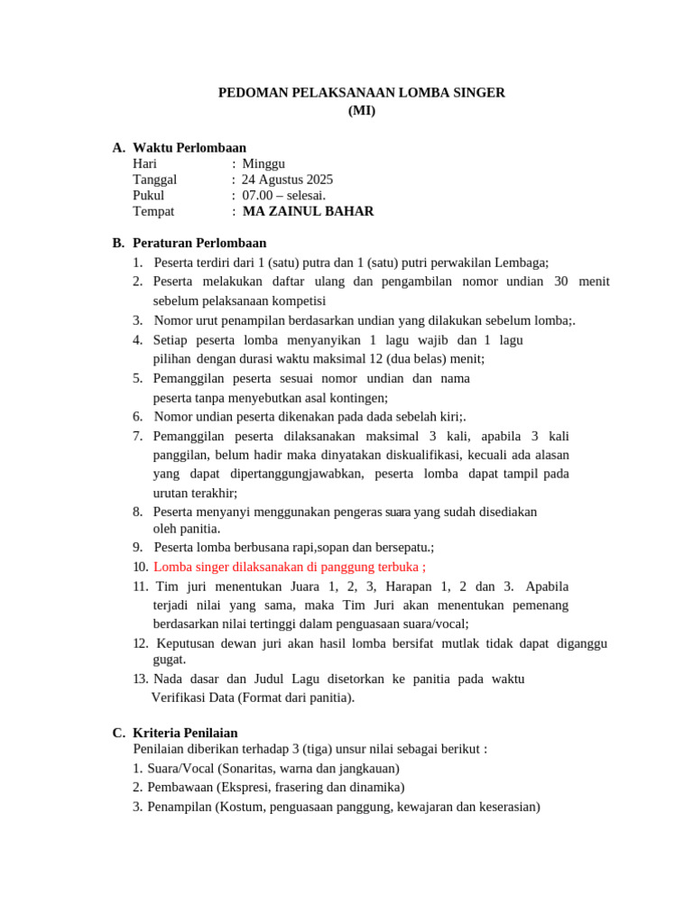 Pedoman Lomba Singer 2025 MA Zainul Bahar | PDF