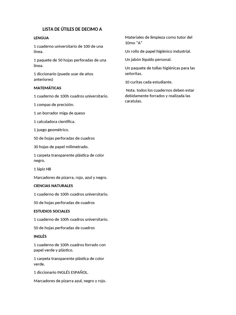 Lista de Útiles de Decimo A | PDF
