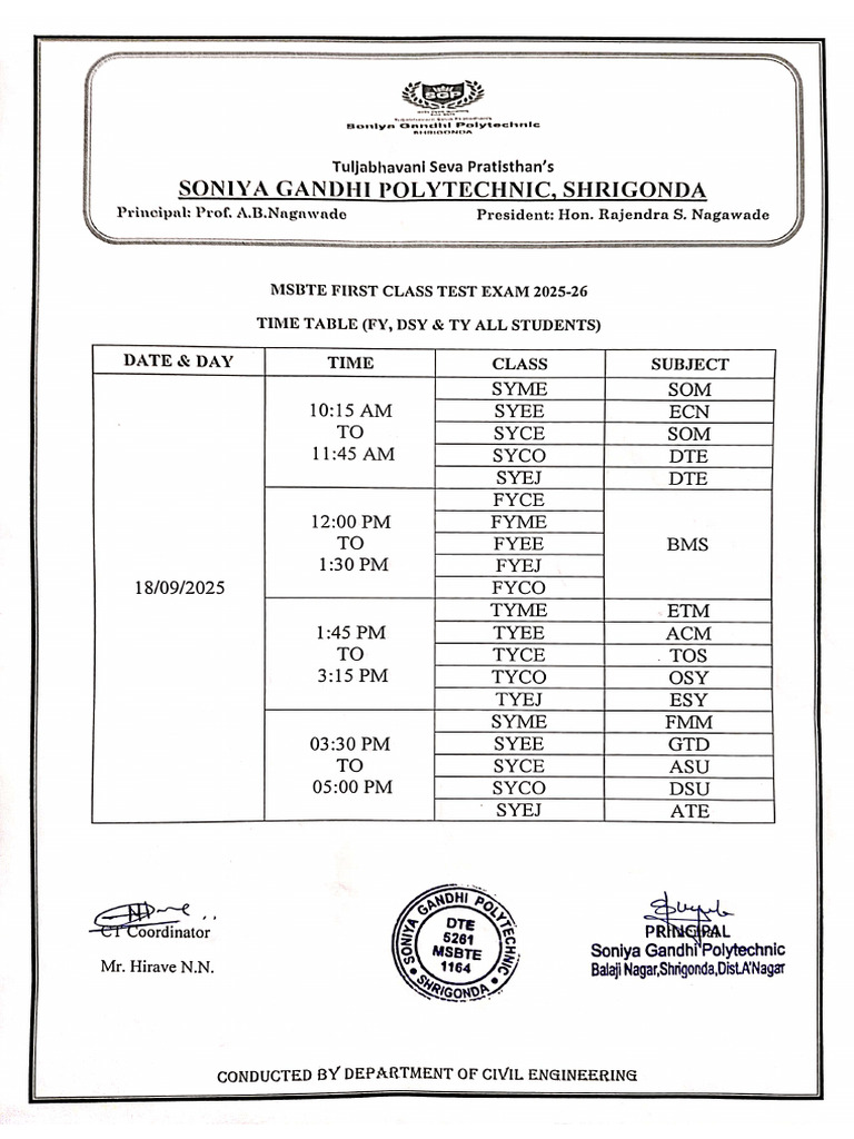 Class Test Time Table | PDF