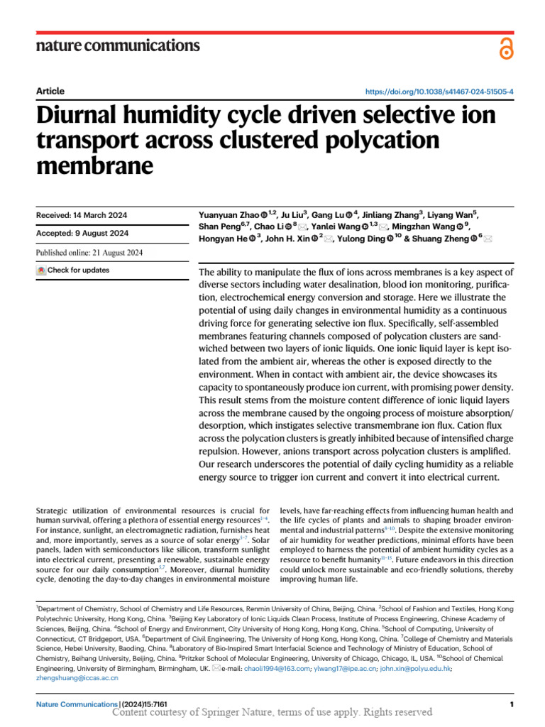 Diurnal Humidity Cycle Driven Selective Ion Transp | PDF | Ion ...