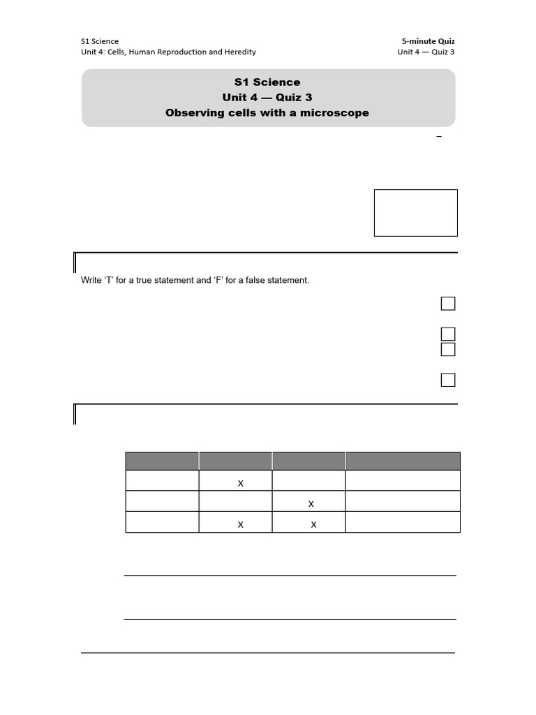 Cells and Microscope Quiz 5-Minute Test | PDF | Microscopy | Glass ...