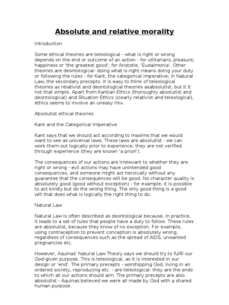 Absolute and Relative Morality | PDF | Virtue Ethics | Utilitarianism