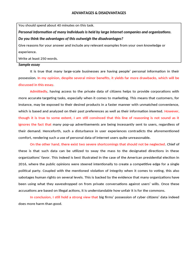 Advantages & Disadvantages - Sample Essays | PDF