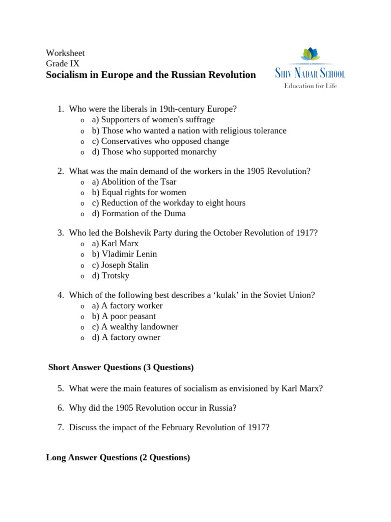 Class 9 Worksheet: Russian Revolution | PDF