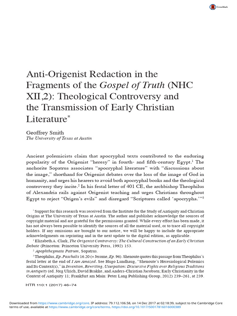 Anti-Origenist Redaction in The Fragments of The Gospel of Truth (NHC ...