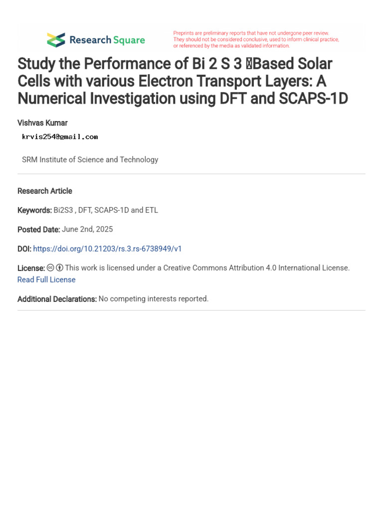 Bi2S3 Solar Cells: ETL Performance Study | PDF | Solar Cell | P–N Junction