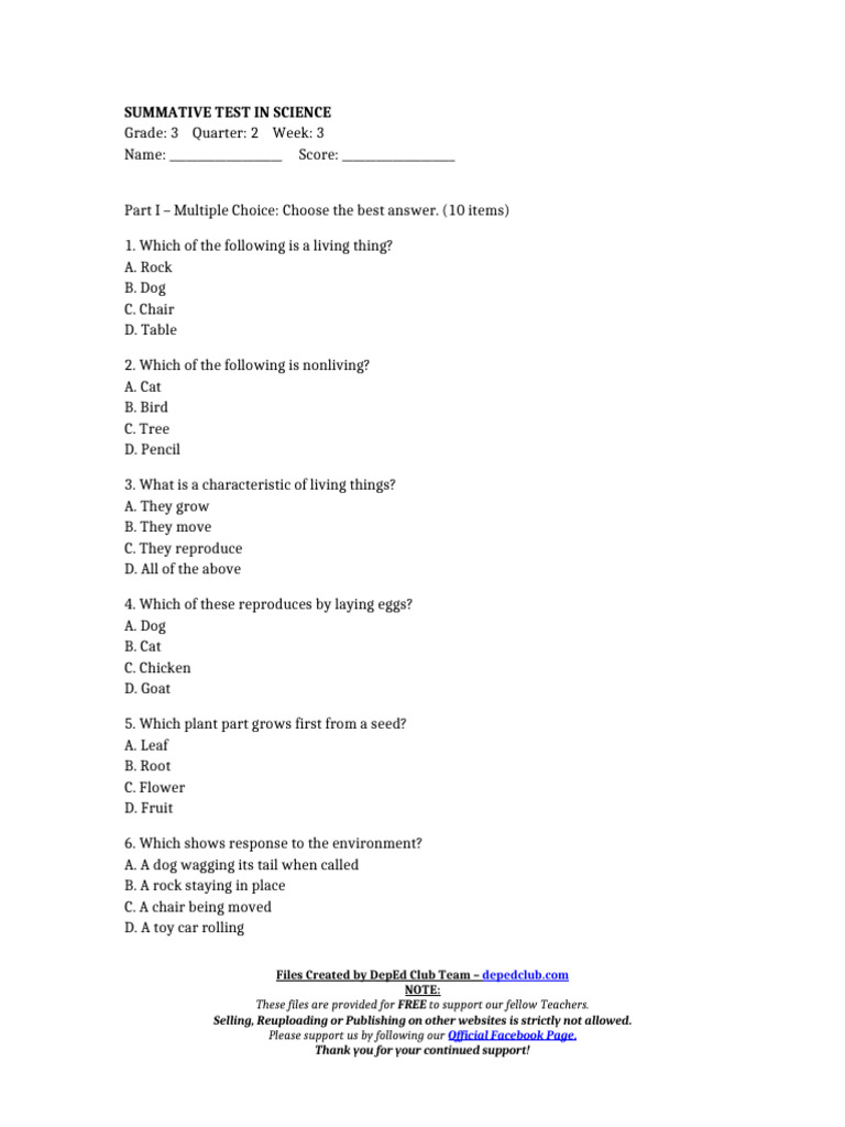 Living vs Nonliving: Grade 3 Science Test | PDF | Plants | Botany