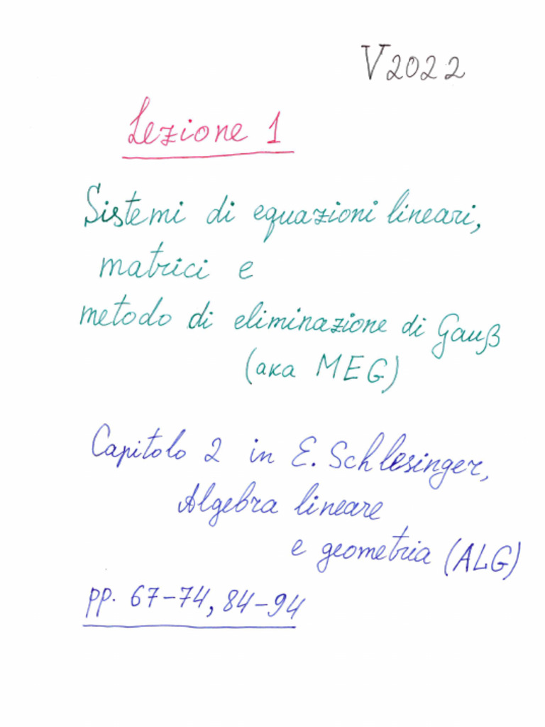 01 Sistemi Di Equazioni Lineari, Matrici, e Metodo Di Eliminazione Di ...