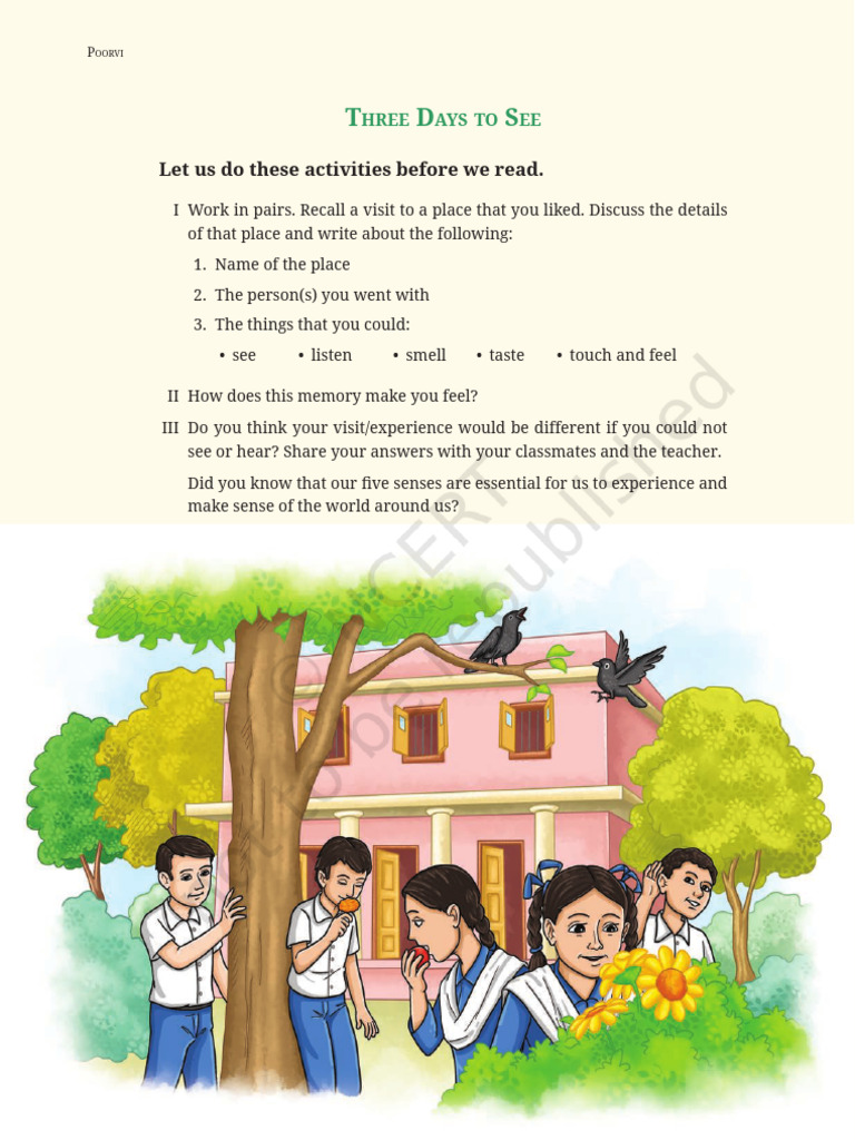 Cbse Class 7 Poorvi English Book Unit 1 Three Days To See | PDF ...