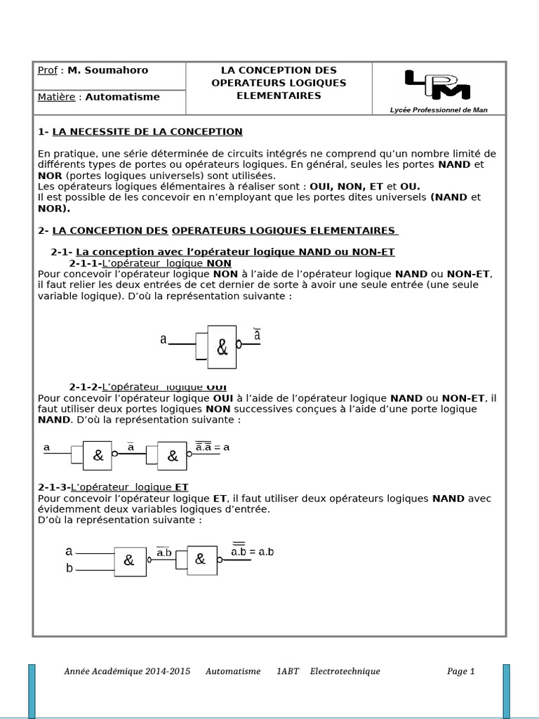 Leçon 6 La Conception Des Opérateurs Logiques Élementaires | PDF ...