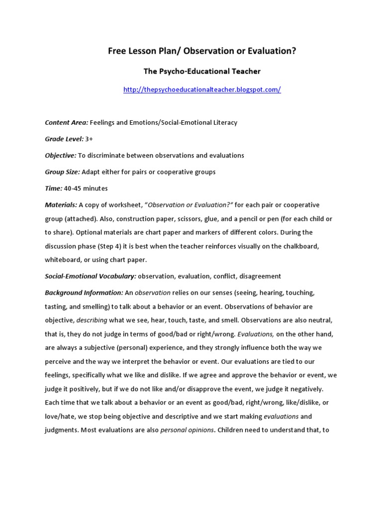 Lesson Plan: Observations vs. Evaluations | PDF | Emotions | Lesson Plan