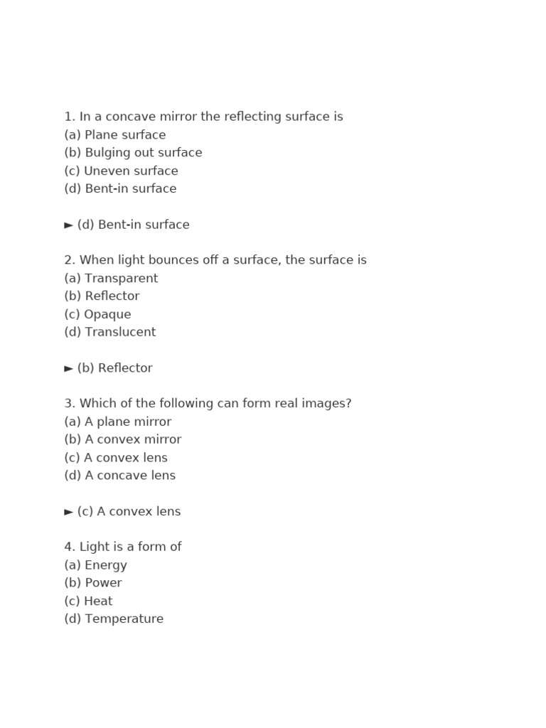 Light and Lens Concepts Quiz | PDF | Mirror | Light
