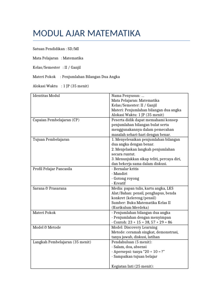 Modul Ajar Penjumlahan Dua Angka SD | PDF