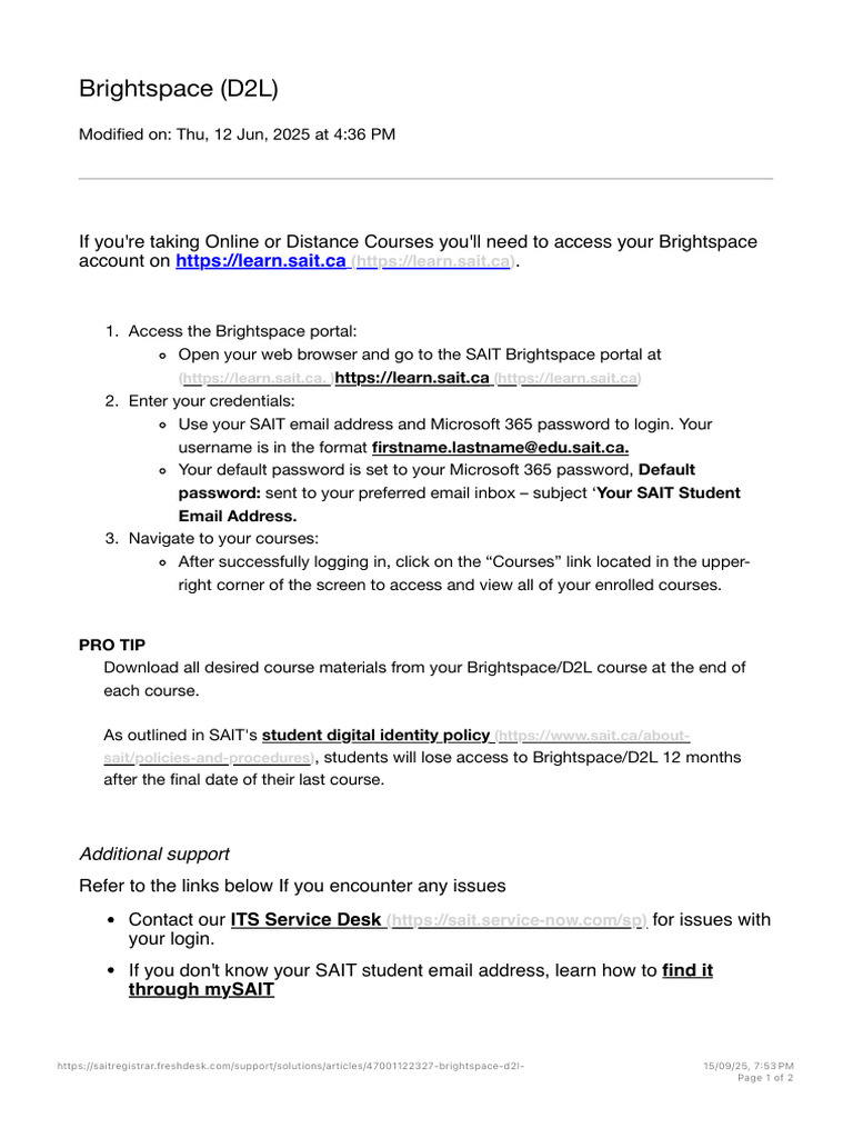 Accessing SAIT Brightspace D2L Guide | PDF