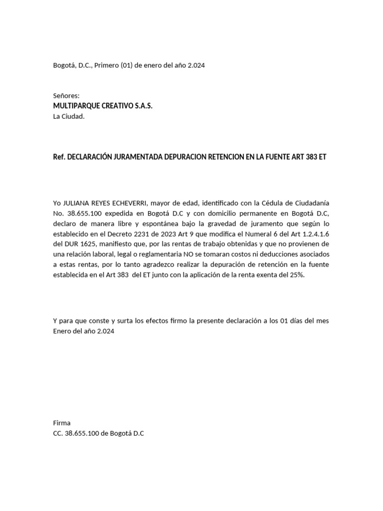 Declaración Juramentada Retención 2024 | PDF