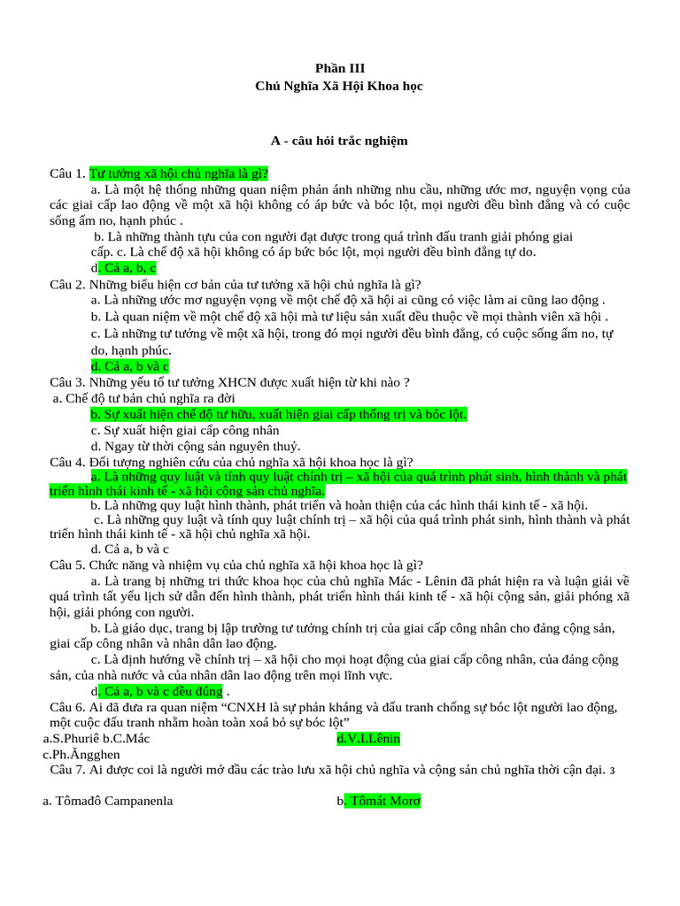 215 Cau Hoi Va Dap An Trac Nghiem Chu Nghia Xa Hoi Khoa Hoca | PDF