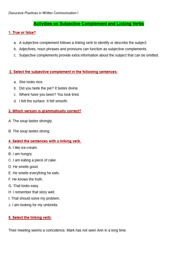 Activities On Subjective Complement and Linking Verbs | PDF