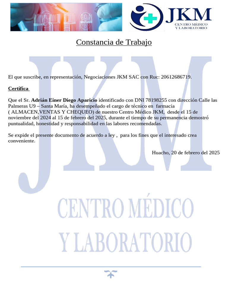 Constancia de Trabajo de Adrián Aparicio | PDF