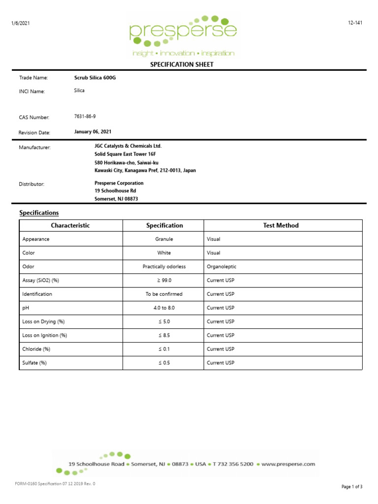 Silica Scrub Specification Sheet | PDF | Silicon Dioxide | Chemical ...