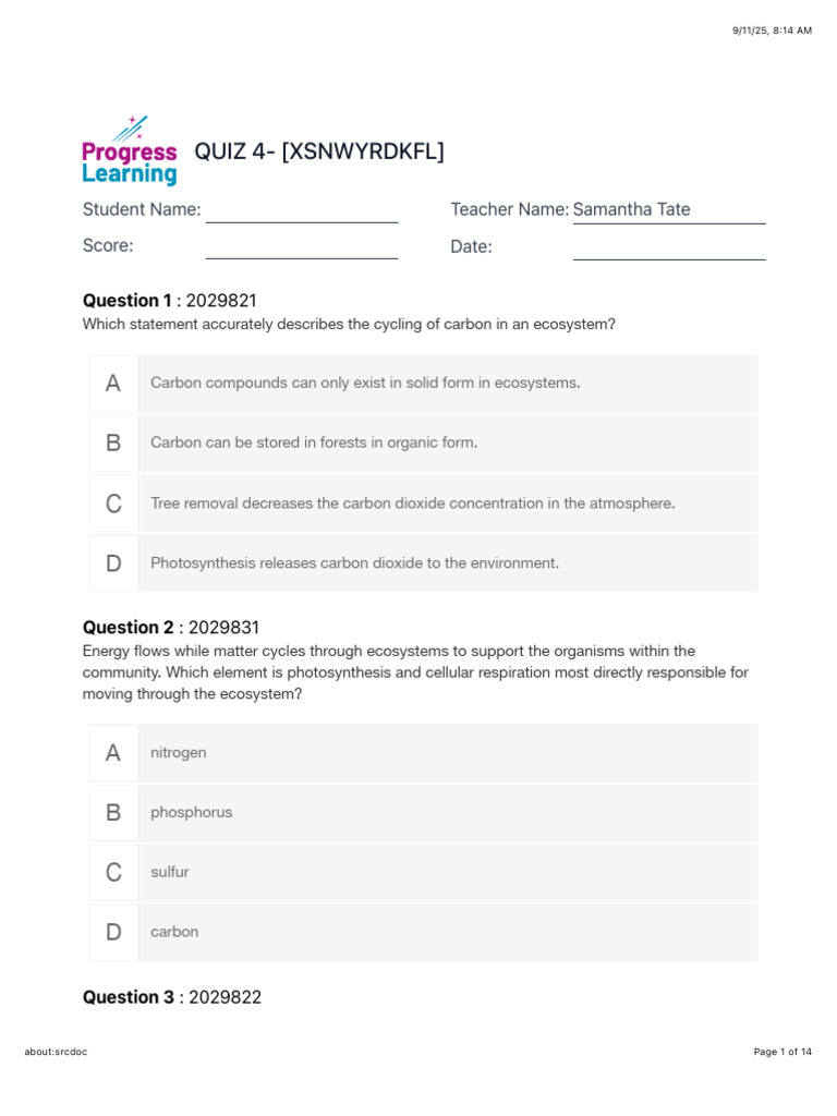 Ecosystem Carbon and Nitrogen Cycle Quiz | PDF | Ecosystem | Soil