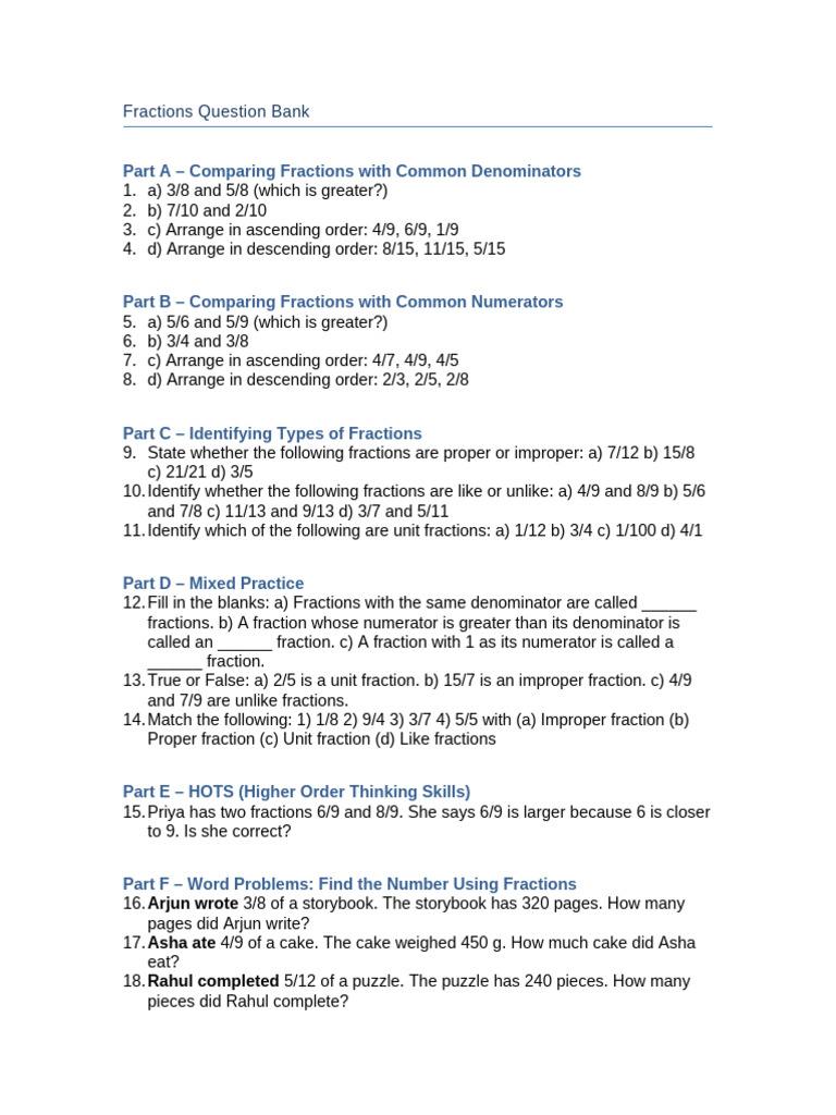 Fractions Grade5and4 QuestionBank | PDF