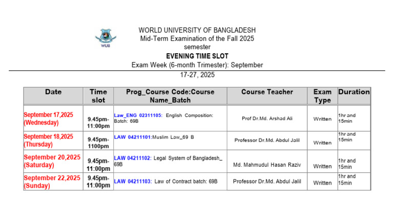 Fall 2025 Mid-Term Exam Schedule | PDF