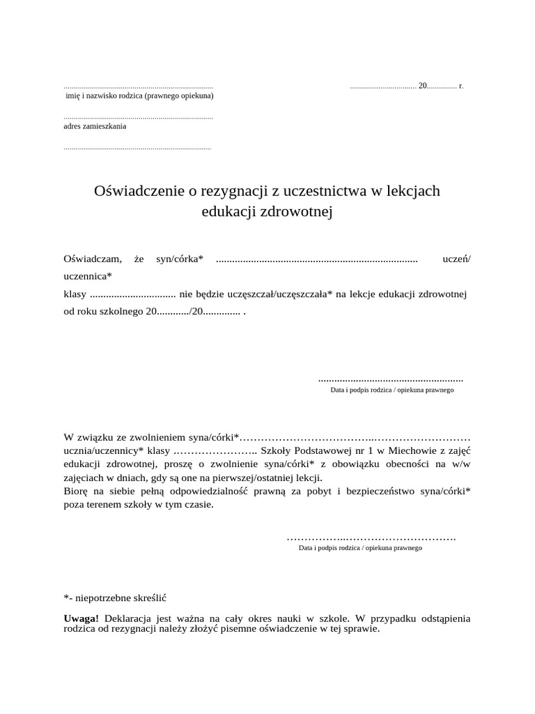 Formularz Rezygnacja Z Edukacji Zdrowotnej 0 | PDF