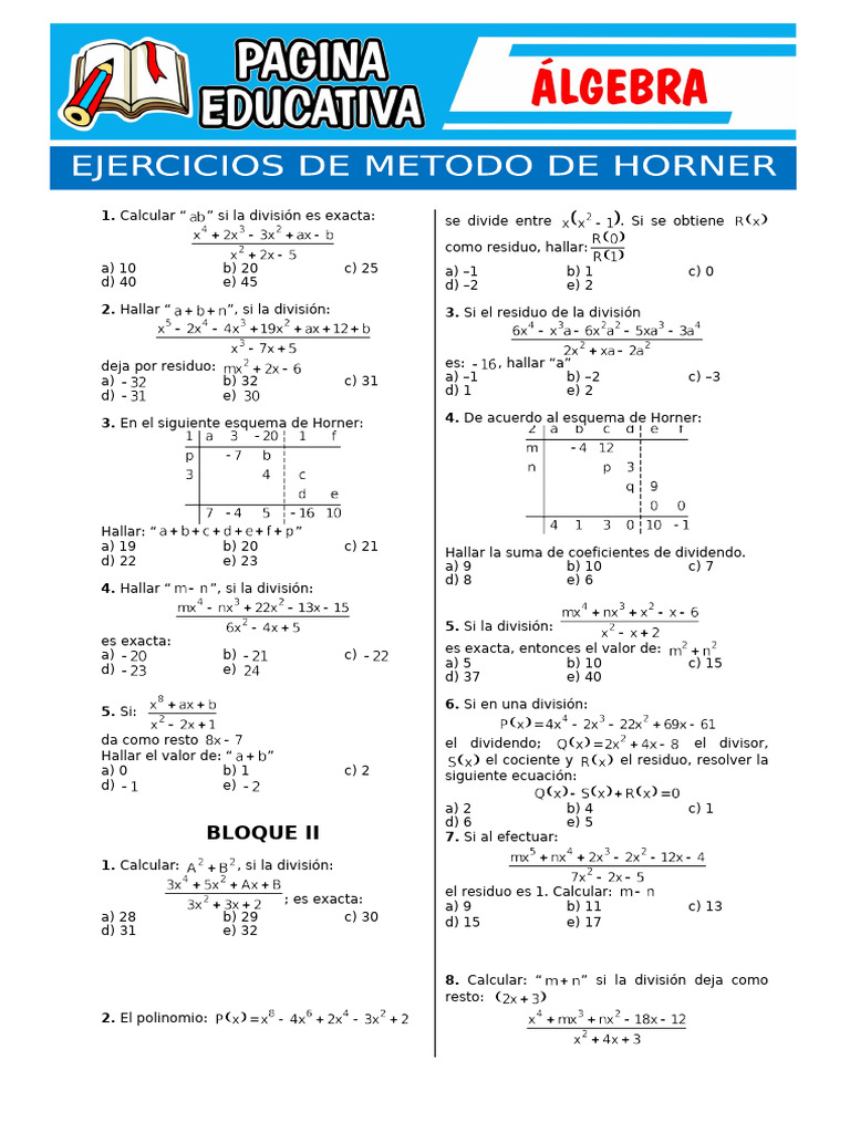 Ejercicios del Método de Horner | PDF | División (Matemáticas ...