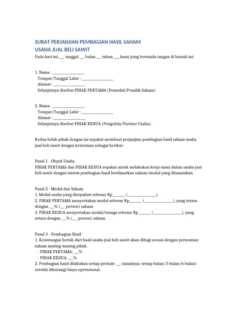 Surat Perjanjian Pembagian Hasil Saham Sawit | PDF
