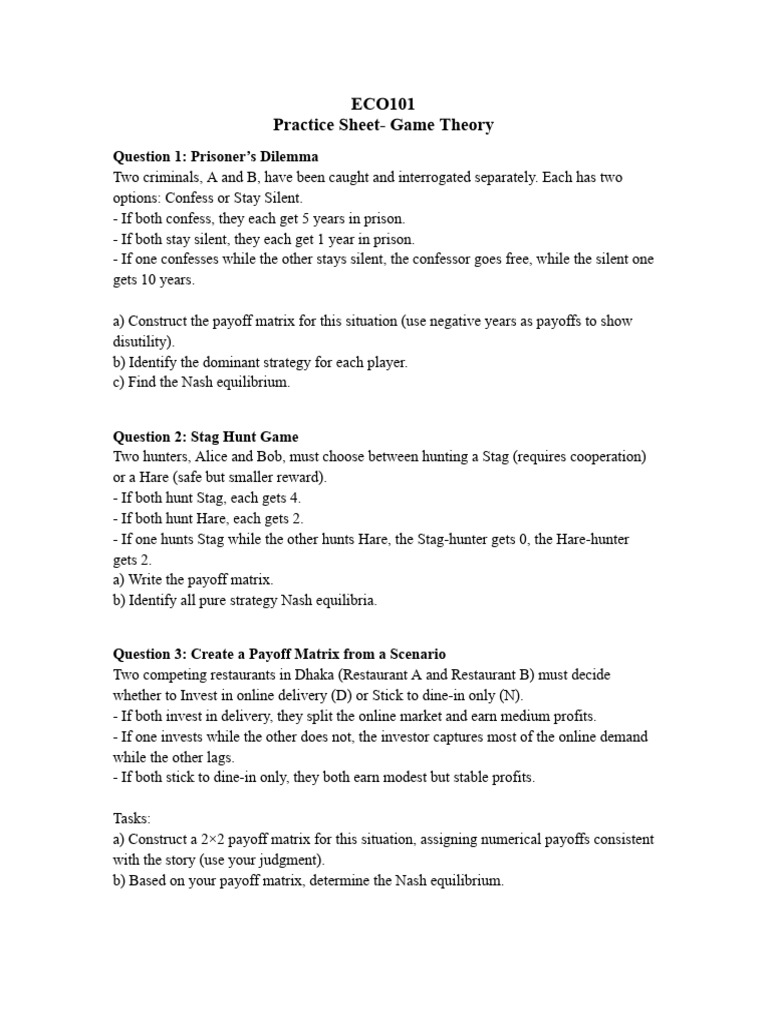 ECO101 Practice Set - Game Theory | PDF