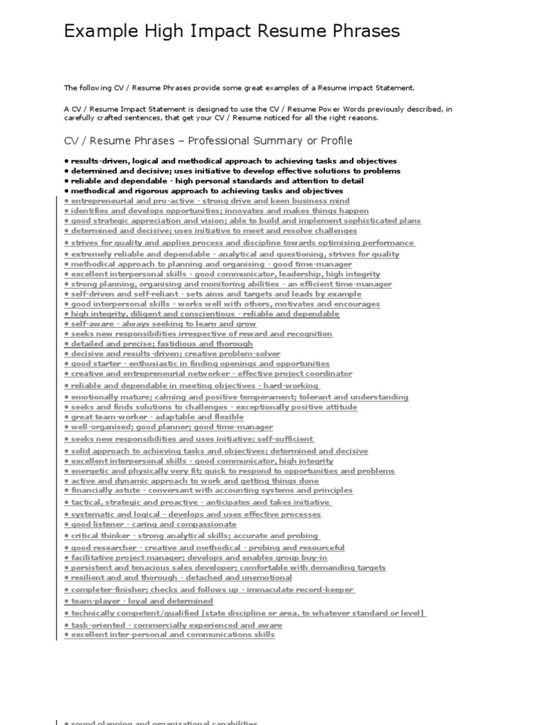 High Impact Resume Phrases | PDF | Entrepreneurship | Leadership