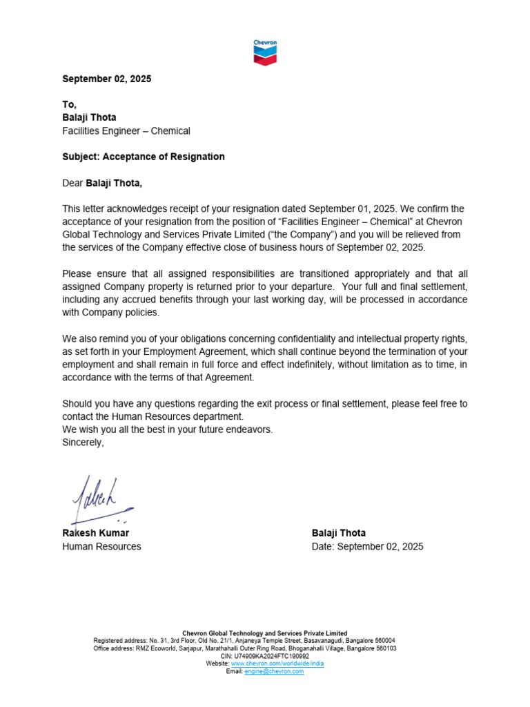 TCS Resignation Acceptance Letter | PDF