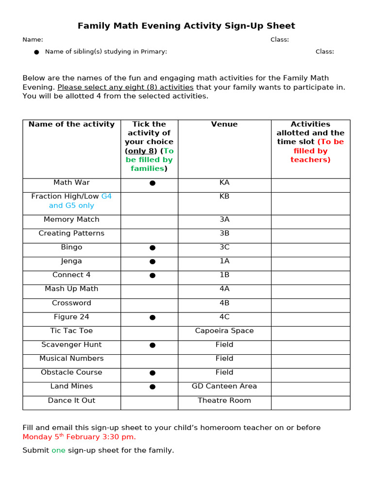 Family Math Evening Activity Sign Up Sheet | PDF