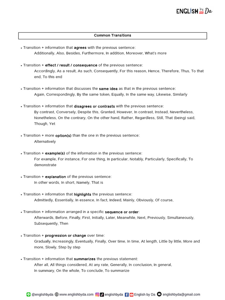 Common Transition Words List | PDF