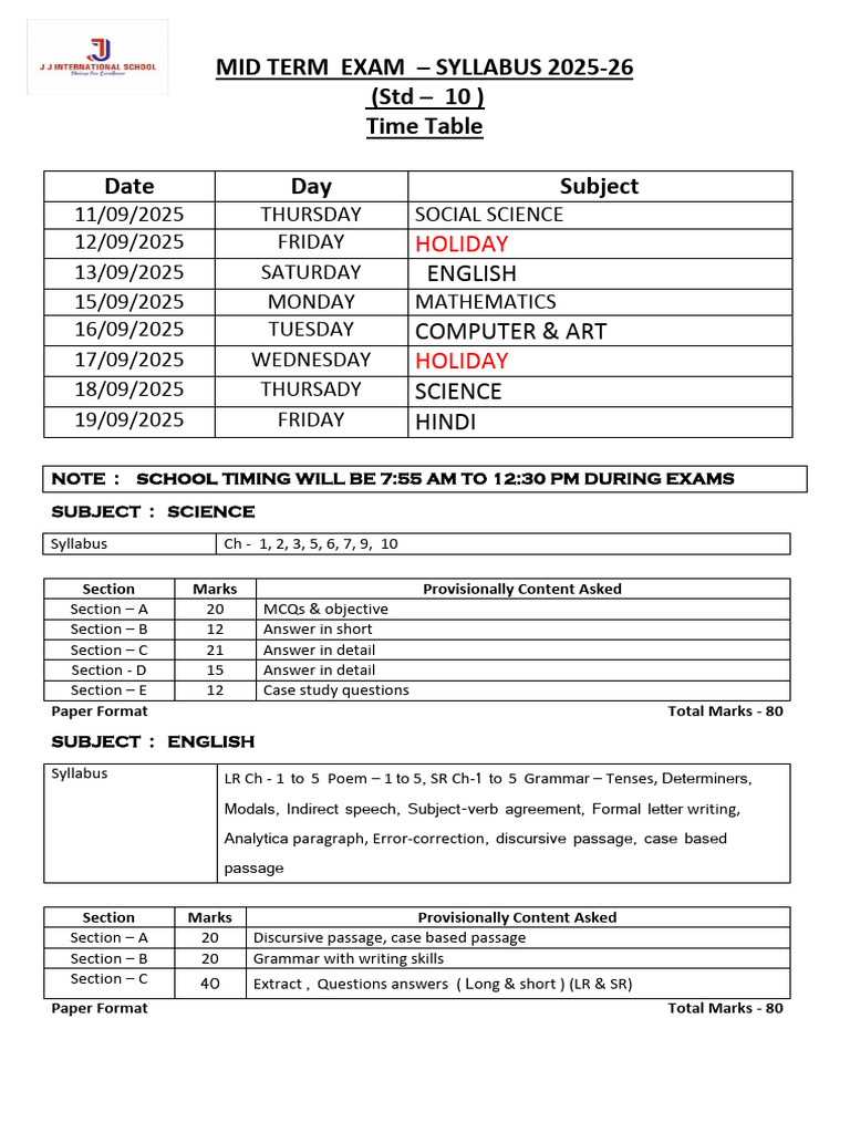 STD 10 Mid Term Exam Syllabus | PDF | Linguistics